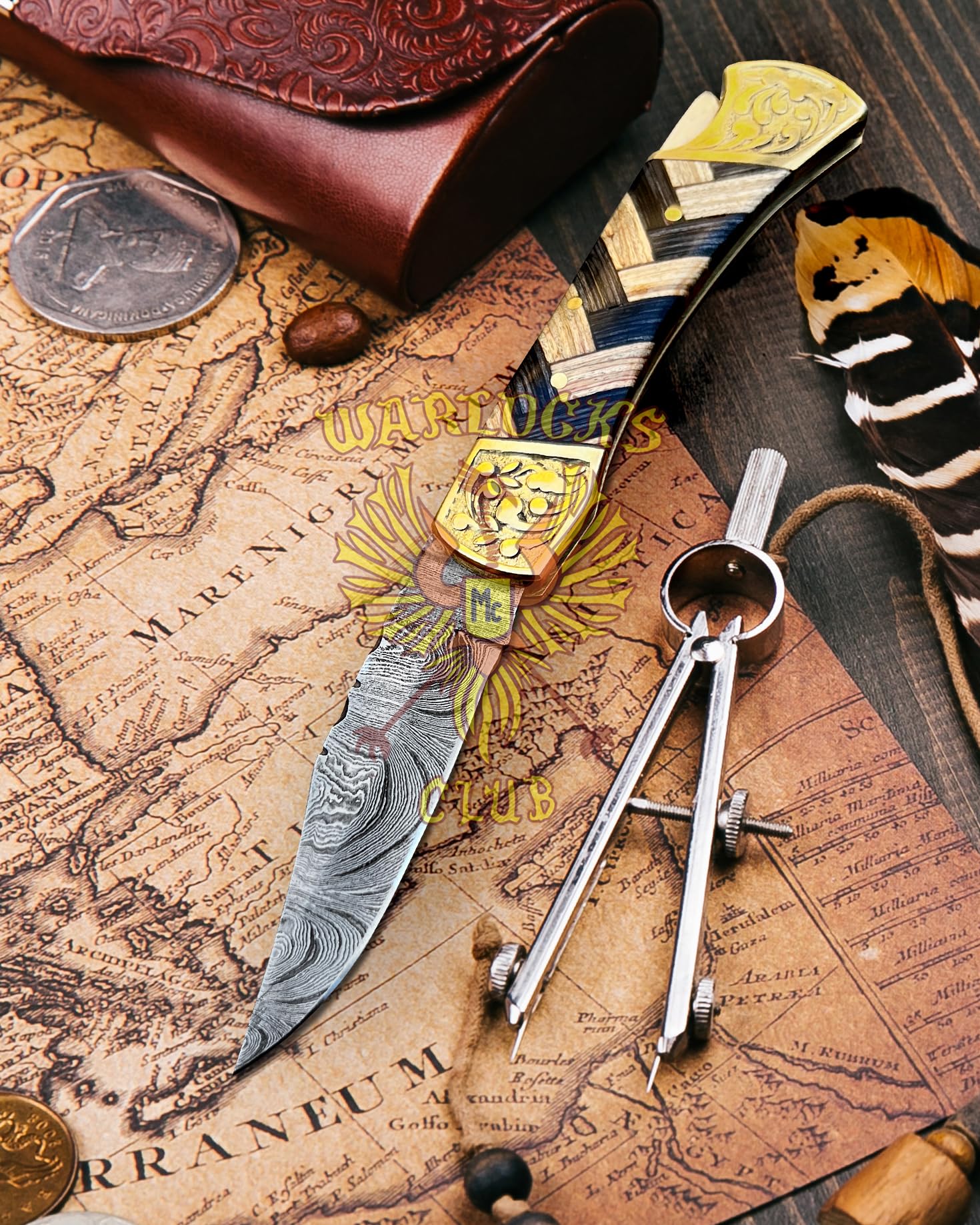 WARLOCKS CLUB Handmade Damascus Pocket Knife with Sheath, 7" Folding Hunting Knife with Wood Handle, Small Camping Knife for Outdoor