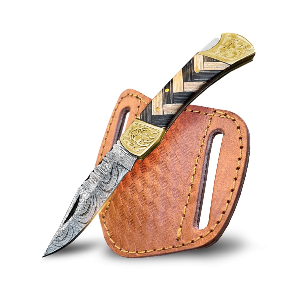 WARLOCKS CLUB Handmade Damascus Pocket Knife with Sheath, 7" Folding Hunting Knife with Wood Handle, Small Camping Knife for Outdoor