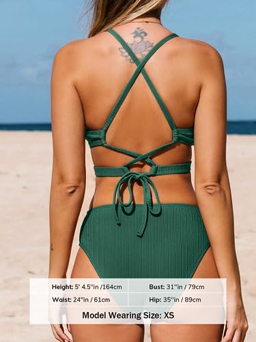 CUPSHE Bikini Set for Women Two Piece Swimsuits Triangle Top Mid Rise Crisscross Back Tie Cutout Spaghetti Straps, M DarkGreen