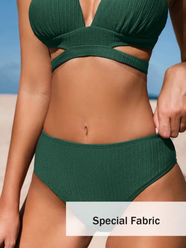 CUPSHE Bikini Set for Women Two Piece Swimsuits Triangle Top Mid Rise Crisscross Back Tie Cutout Spaghetti Straps, M DarkGreen