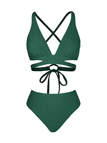 CUPSHE Bikini Set for Women Two Piece Swimsuits Triangle Top Mid Rise Crisscross Back Tie Cutout Spaghetti Straps, M DarkGreen
