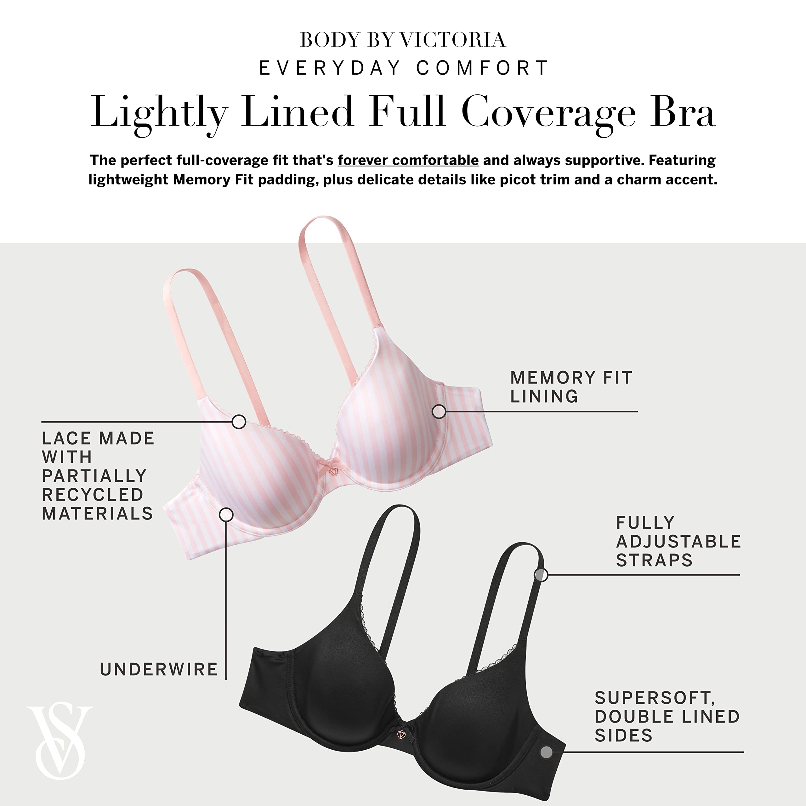 Victoria's Secret Perfect Coverage T Shirt Bra, Full Coverage, Lightly Lined, Adjustable Straps, Bras for Women, Body by Victoria Collection, Black (34B)