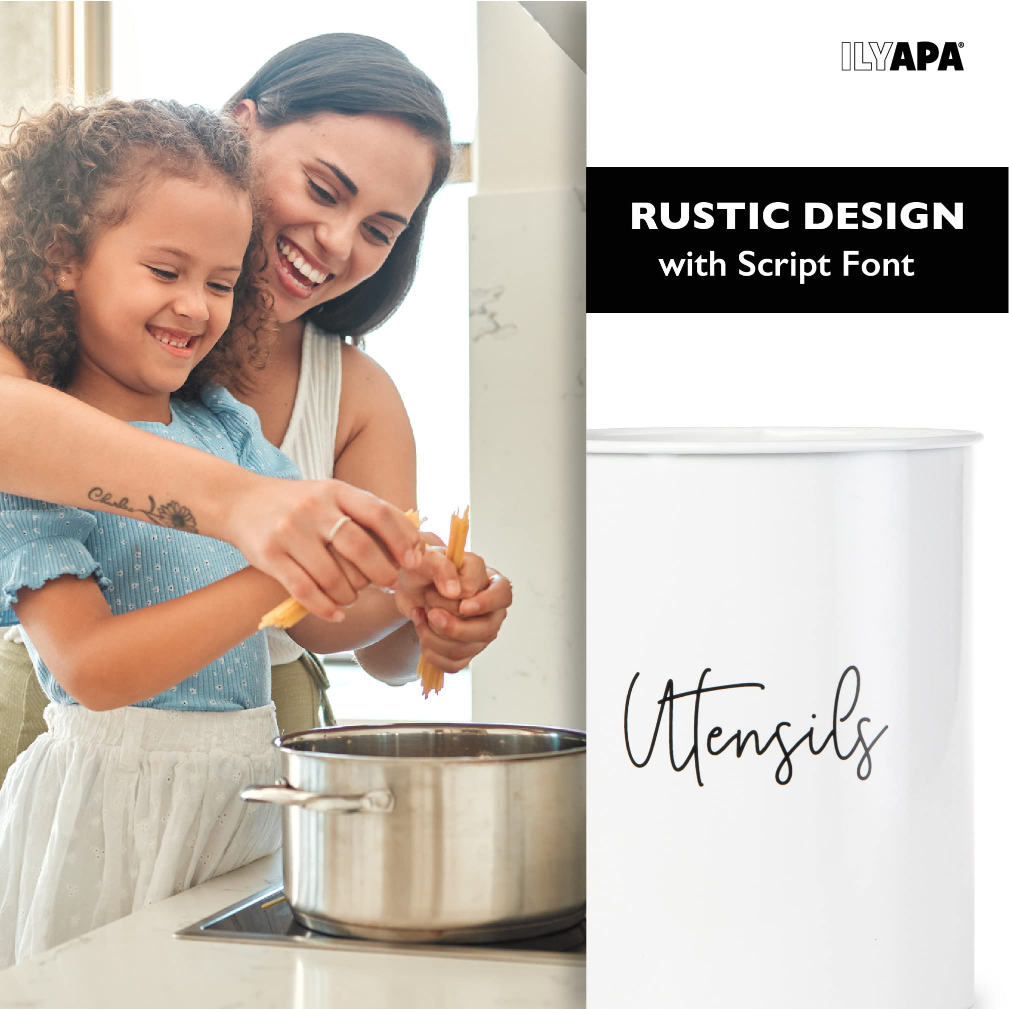 Ilyapa White Utensils Holder, Farmhouse Utensil Holder, Countertop Caddy Cooking Utensil Organizer, Galvanized Crock, White Kitchen Decor for Countertops 5.5" x 6.75"
