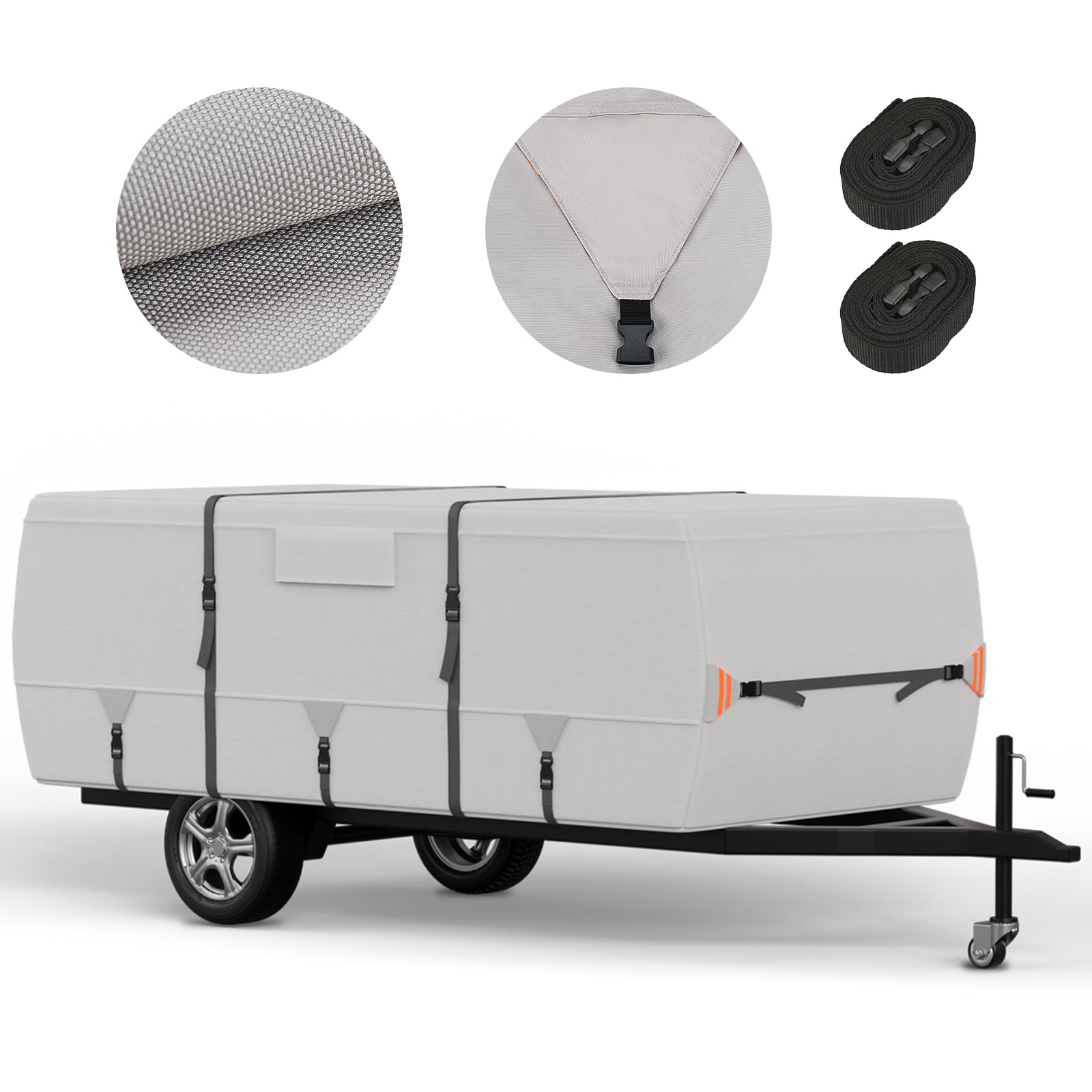 Tuszom 100% Waterproof Folding Camping Trailer Cover 900D Throughout Pop-up Camper RV Cover with 7 PCS Reinforced Windproof Straps Fits 12'-14' - All Season Protection for Motorhome