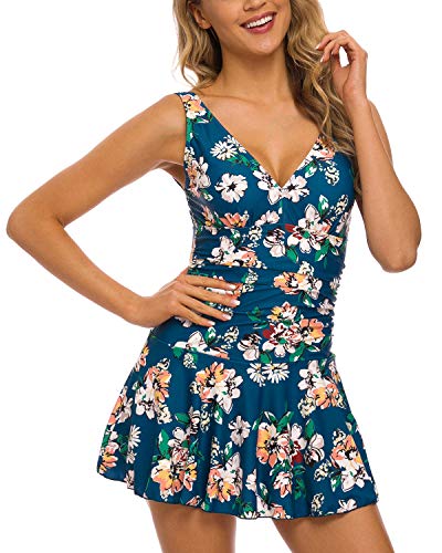 COSKAKA Women's One Piece Skirt Swimwear Ruched Retro Swimming Dress Tummy Control Bathing Suit