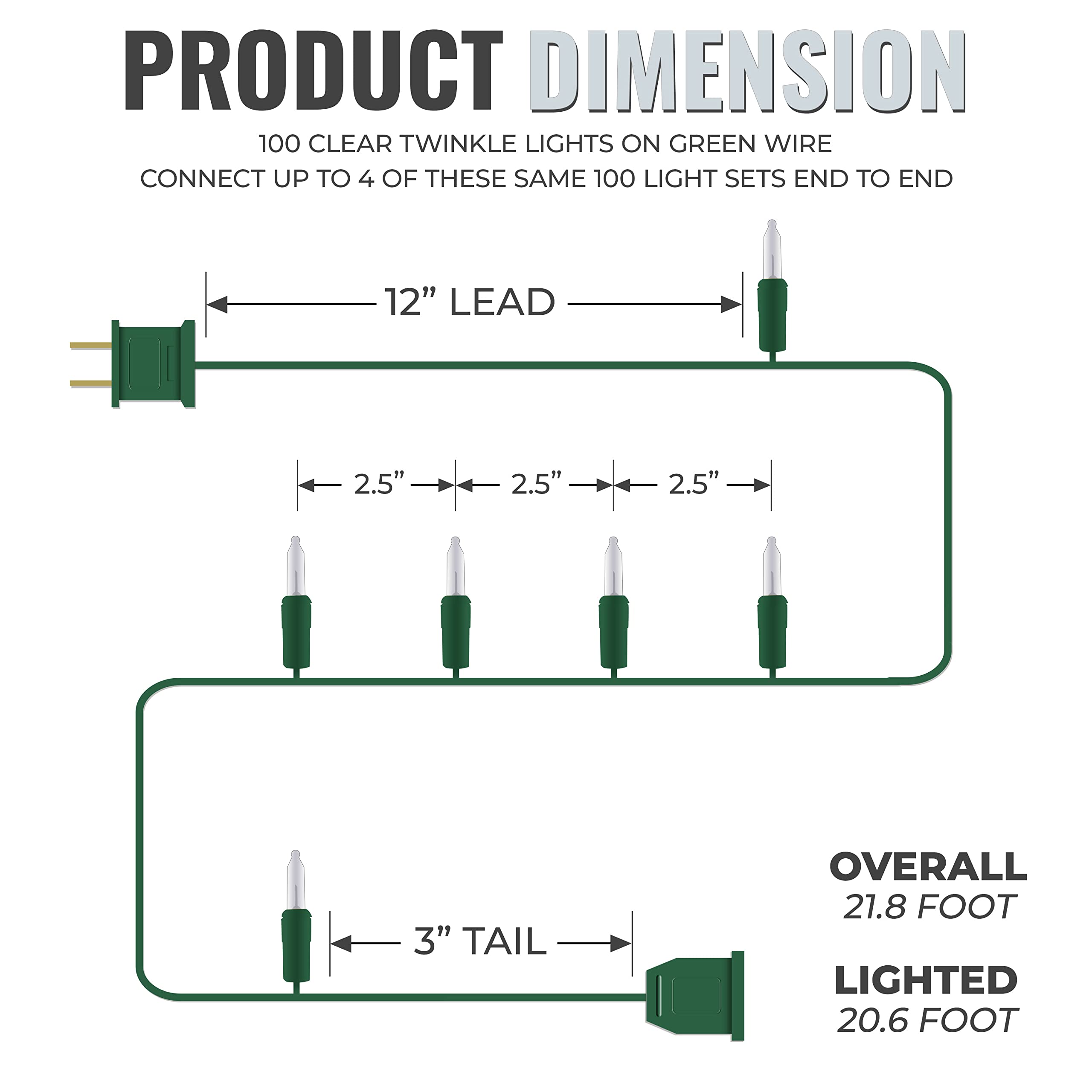 612 Vermont 100 Clear Christmas Lights, 12 Lights Twinkle, Indoor and Outdoor Use, Connect up to 4 Sets, Lighted Length 20.6', Total Length 21.8'