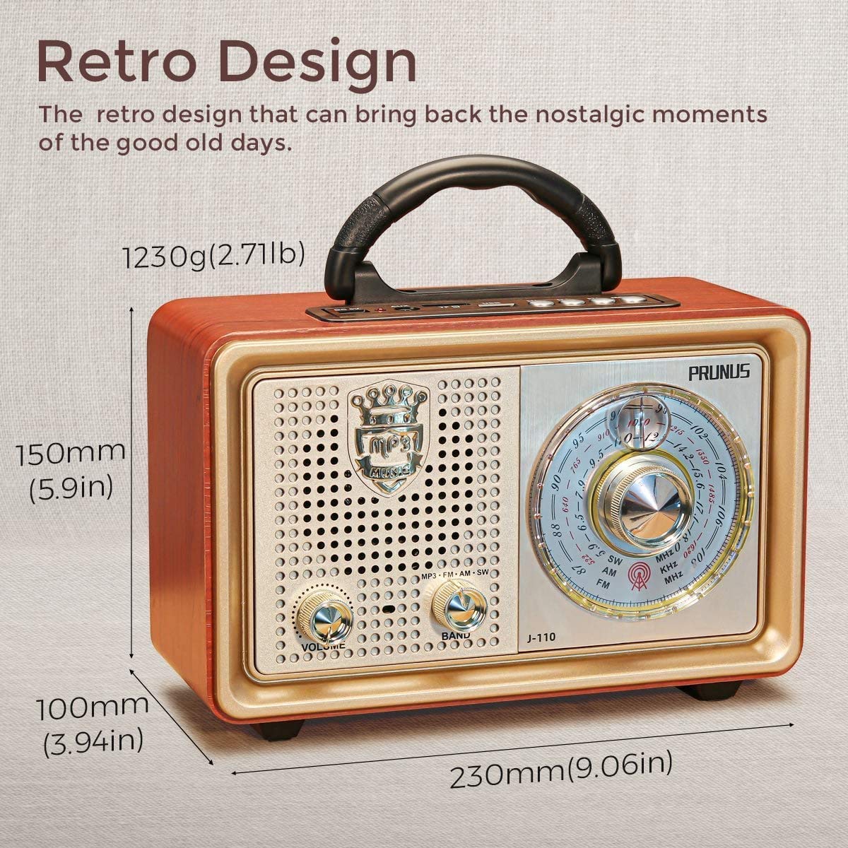 J-160 Retro AM FM Shortwave Radio, J-110 Vintage AM FM Shortwave Tabletop Radio with Excellent Reception, SD Card USB Drive Aux-in MP3 Player, Battery Operated by PRUNUS
