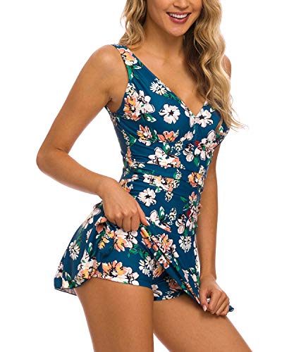 COSKAKA Women's One Piece Skirt Swimwear Ruched Retro Swimming Dress Tummy Control Bathing Suit