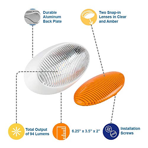 Lumitronics RV 12V LED Oval Porch Utility Light - Clear & Amber Lenses - for Motorhomes, Campers, Trailers, 5th Wheels (White)