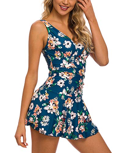 COSKAKA Women's One Piece Skirt Swimwear Ruched Retro Swimming Dress Tummy Control Bathing Suit