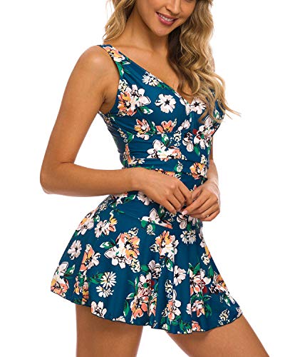 COSKAKA Women's One Piece Skirt Swimwear Ruched Retro Swimming Dress Tummy Control Bathing Suit