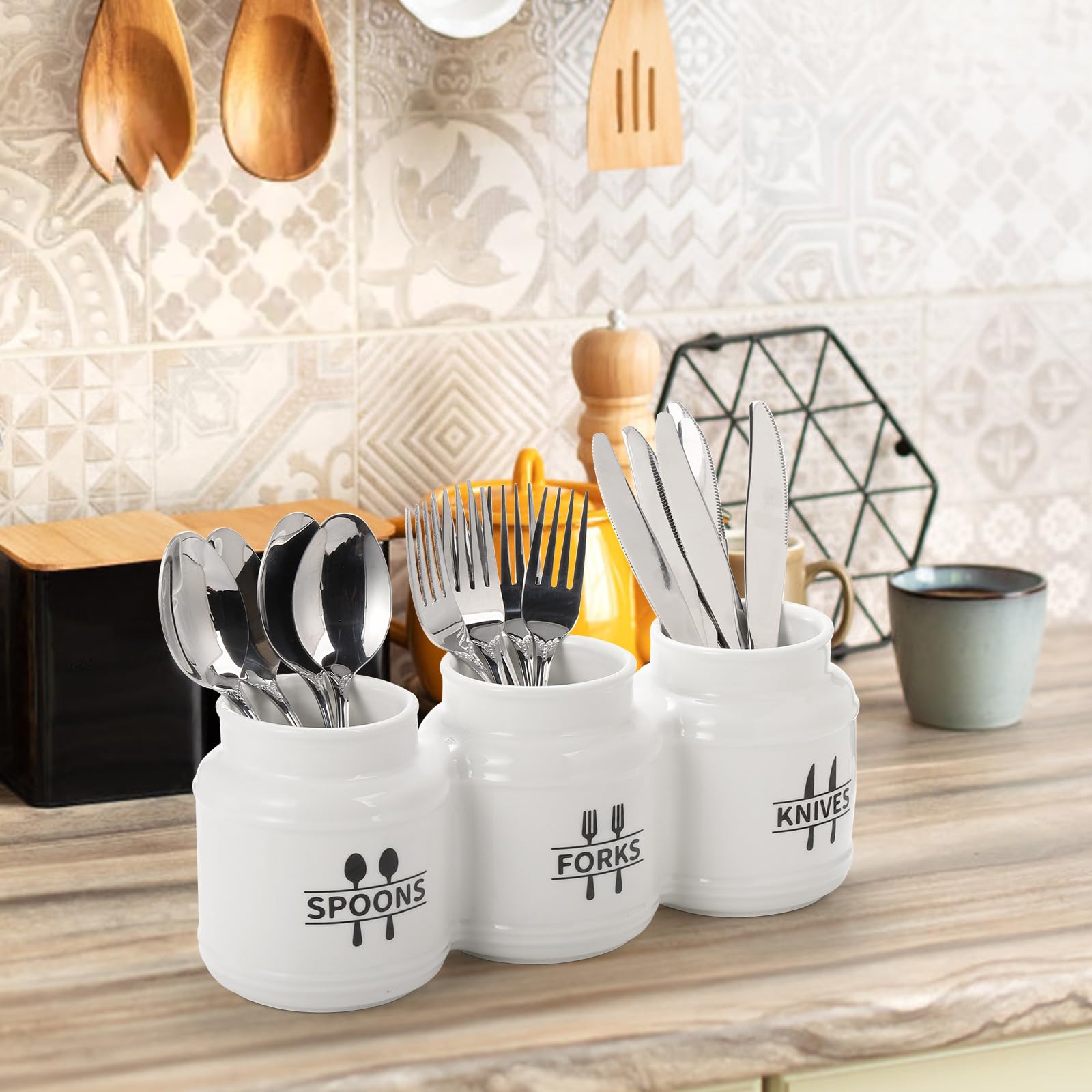 Fasmov Silverware Caddy, Ceramic Flatware Caddy Utensil Countertop Organizer, Silverware Organizer Utensil Holder Flatware Caddy Cutlery Storage Organizer for Kitchen Table, Cabinet or Pantry