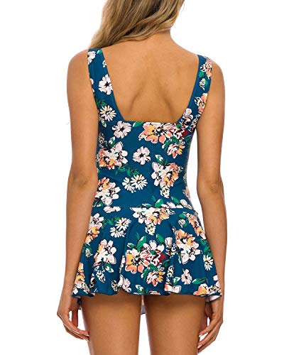 COSKAKA Women's One Piece Skirt Swimwear Ruched Retro Swimming Dress Tummy Control Bathing Suit