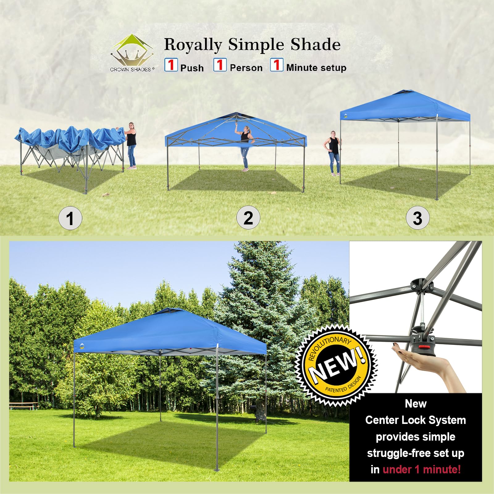 CROWN SHADES 10x10 Canopy Tent, Pop Up Beach Tent for Outdoor Shades with Wheeled Bag, 8 Stakes, 4 Ropes, Outdoor Canopy, Blue