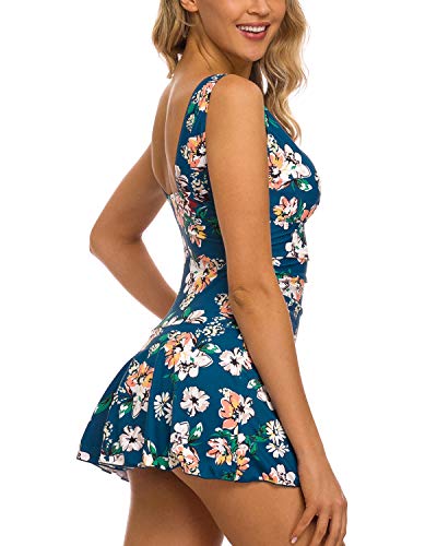 COSKAKA Women's One Piece Skirt Swimwear Ruched Retro Swimming Dress Tummy Control Bathing Suit