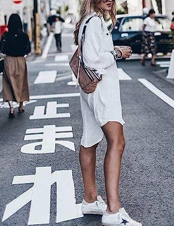 Chalier Women's Loose Long Sleeve Cover Ups Button Down Sleep Shirt Beach Up SwimSuit Dress, White, Small