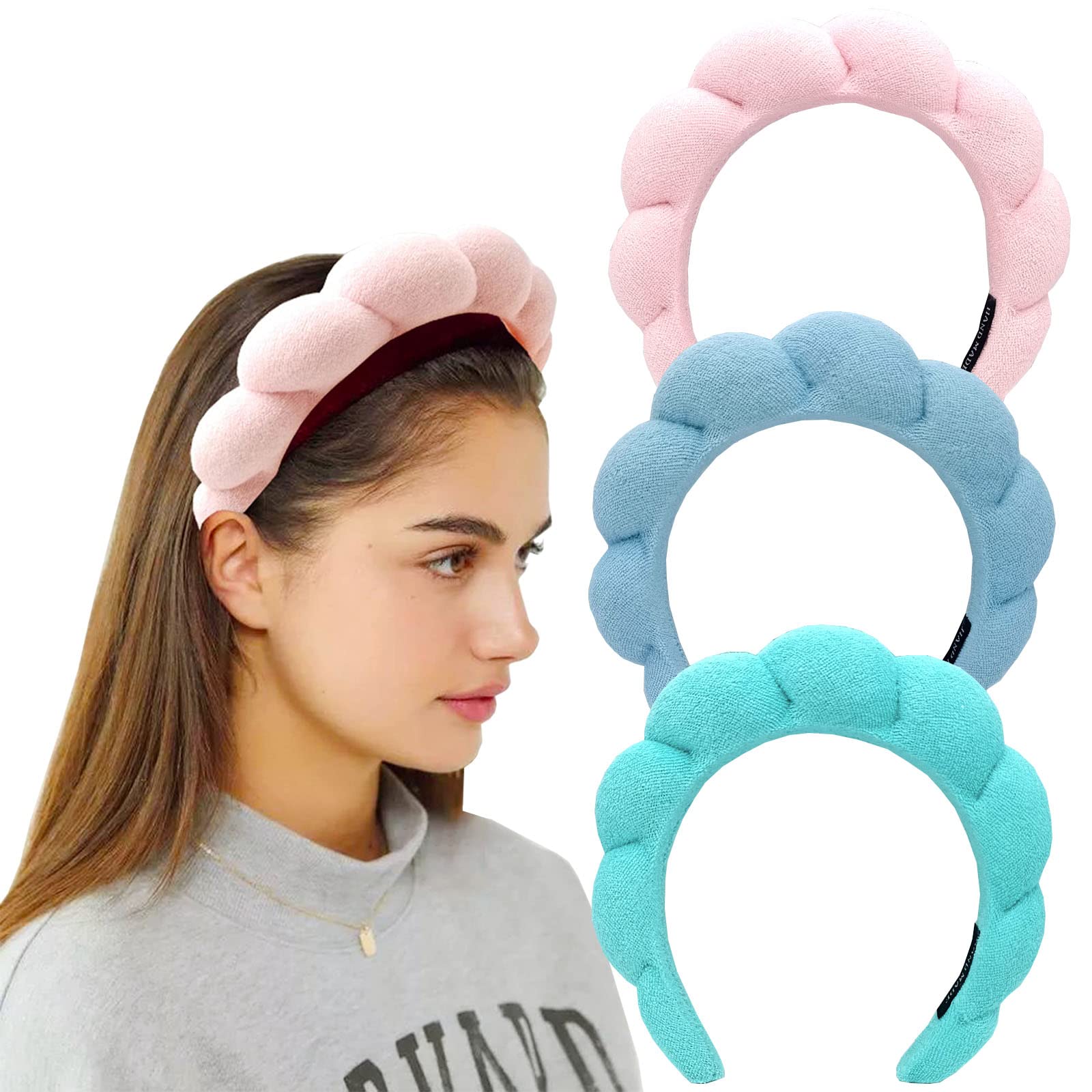 S-SNAIL-OO 3PCS Spa Headband for Women - Sponge & Terry Towel Cloth Fabric Head, Creative Handmade Twist Sponge Headband, New Headwear for Skincare, Face Washing (Pink&Green&Blue)
