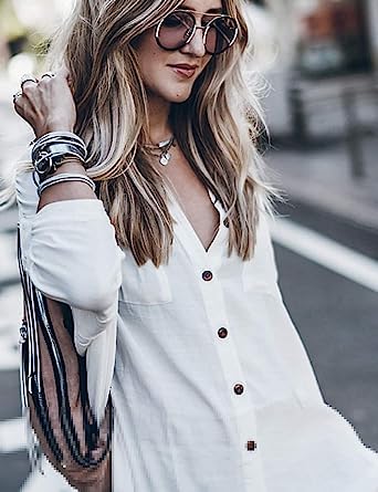 Chalier Women's Loose Long Sleeve Cover Ups Button Down Sleep Shirt Beach Up SwimSuit Dress, White, Small