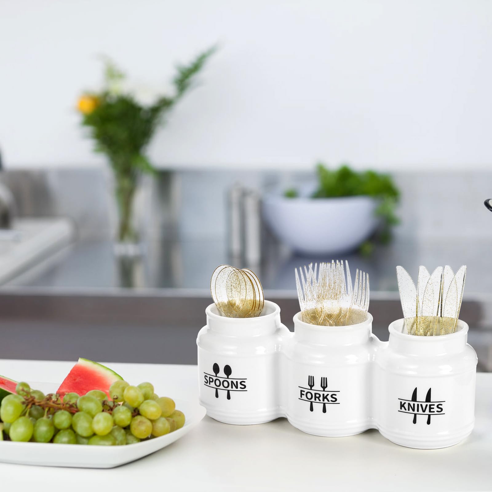 Fasmov Silverware Caddy, Ceramic Flatware Caddy Utensil Countertop Organizer, Silverware Organizer Utensil Holder Flatware Caddy Cutlery Storage Organizer for Kitchen Table, Cabinet or Pantry