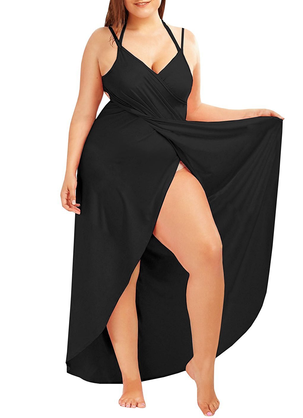 Fadalo Plus Size Spaghetti Strap Cover Up Beach Backless Wrap Long Dress (Black, xx_l)