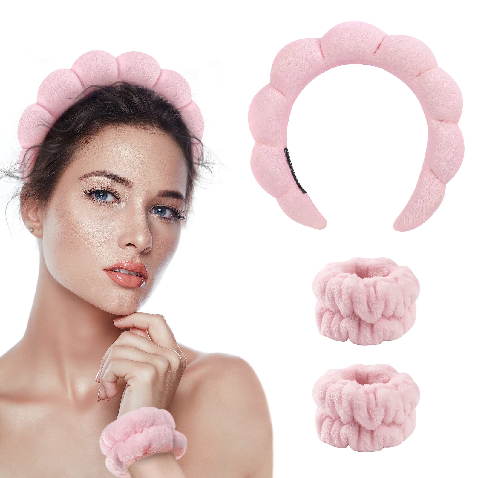 YJTIMEGS Sponge Spa Headband for Washing Face, Spa Terry Towel Cloth Fabric Head Band with 2PCS Wrist Washband, Bubble Headband Makeup Headband for Face Washing Shower Skincare Makeup Removal(Pink)