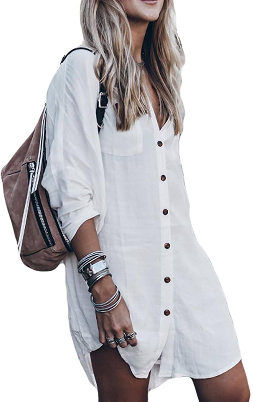 Chalier Women's Loose Long Sleeve Cover Ups Button Down Sleep Shirt Beach Up SwimSuit Dress, White, Small