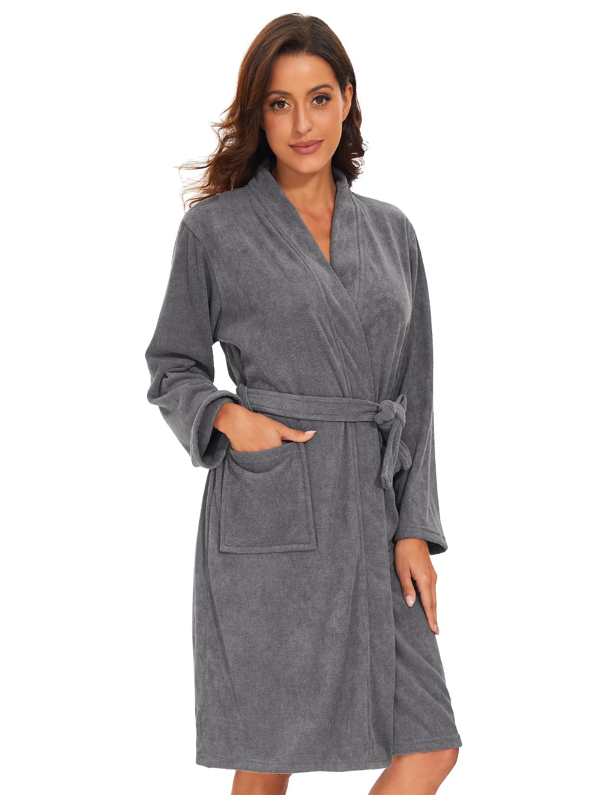 Vislivin Womens Lightweight Bathrobe Soft Kimono Robes Terry Cloth Bathrobe Knee Length Bath Gown Grey L