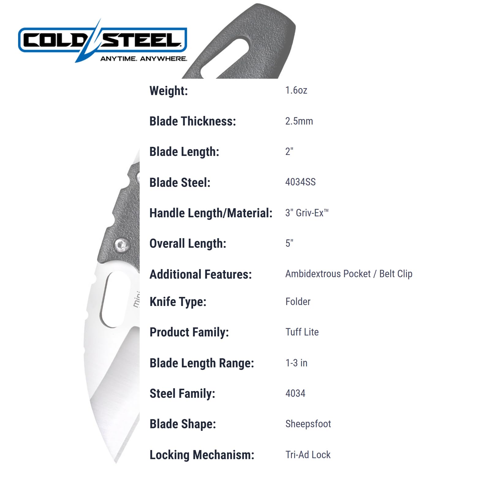 Cold Steel Mini Tuff Lite 2" 4034SS Sheepsfoot Razor-Sharp Blade 3" Griv-Ex Black Handle Everyday Carry Pocket Folding Knife