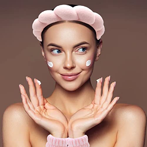 yucca 2Pcs Sponge Spa Headband, Terry Cloth Headband, Bubble Headband for Washing Face, Makeup Headband, Fluffy Skincare Headband, Puffy Headband for Women (PinkBlue)