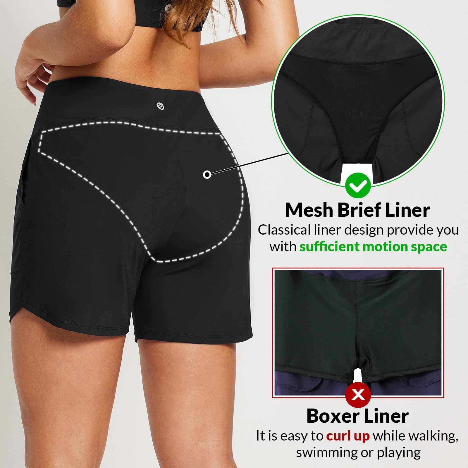 BALEAF Women's Swim Shorts Tummy Control Modest Swimsuits Bathing Suit Bottoms 5" Board Shorts Beach Trunks with Pockets Black XL
