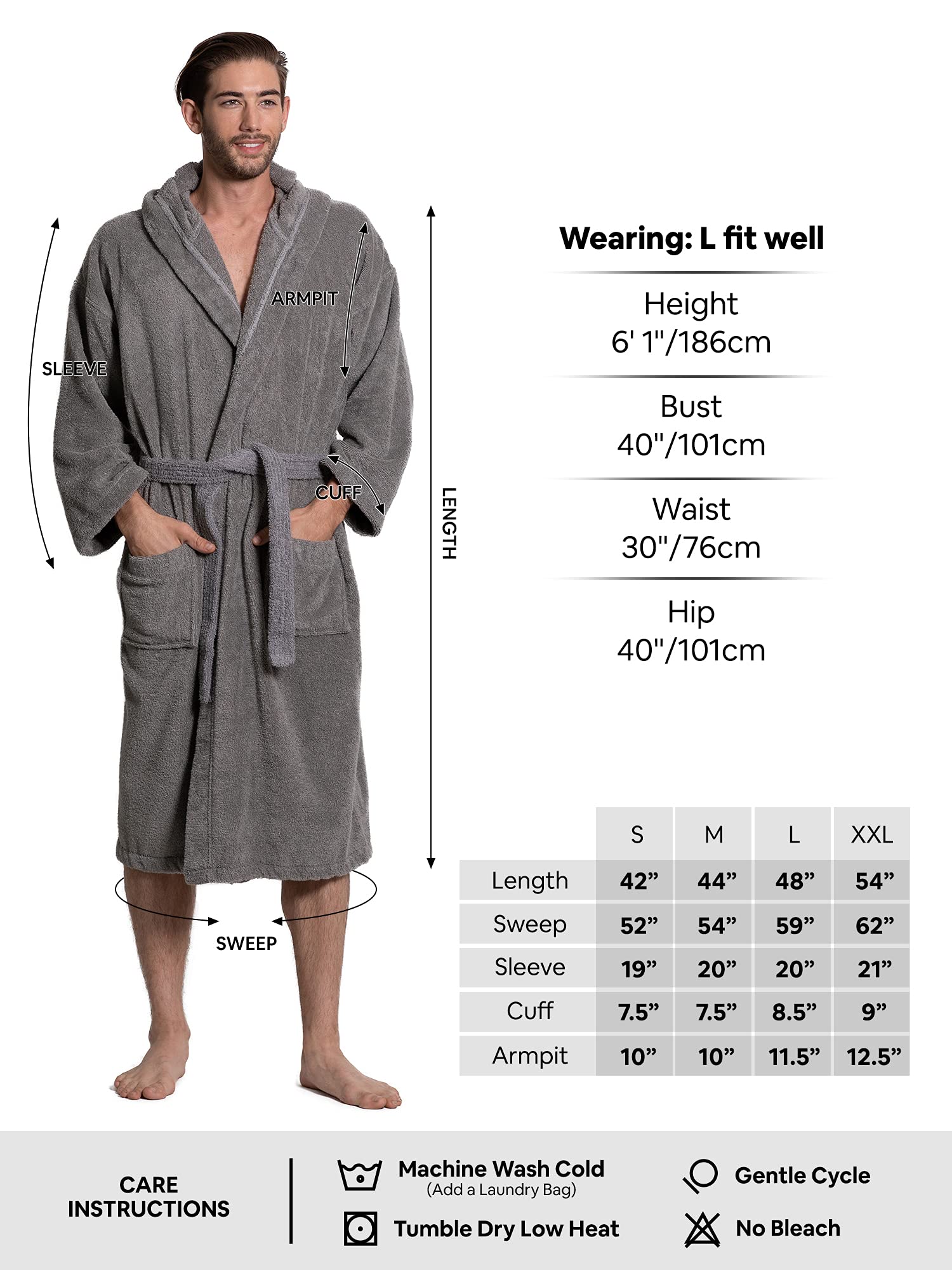 Turkuoise Men 's Turkish Terry Cloth Robe, Thick Hooded Bathrobe Black, Medium