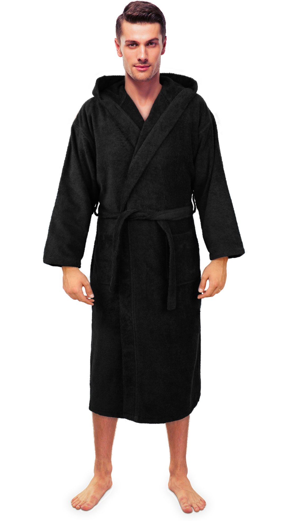 Turkuoise Men 's Turkish Terry Cloth Robe, Thick Hooded Bathrobe Black, Medium