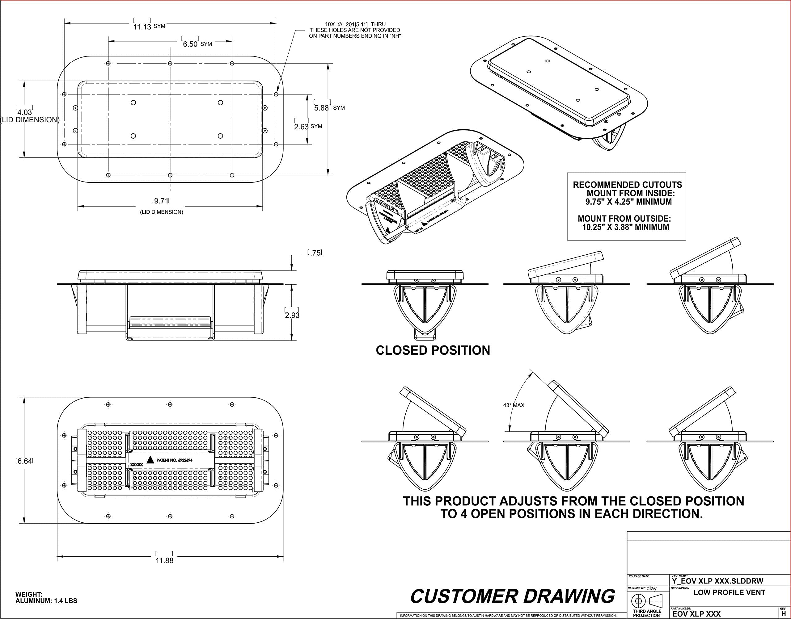Kay Black Aluminum Low Profile Popup Roof Vent Horse Trailer Air Flow & Gasket Bi-directional