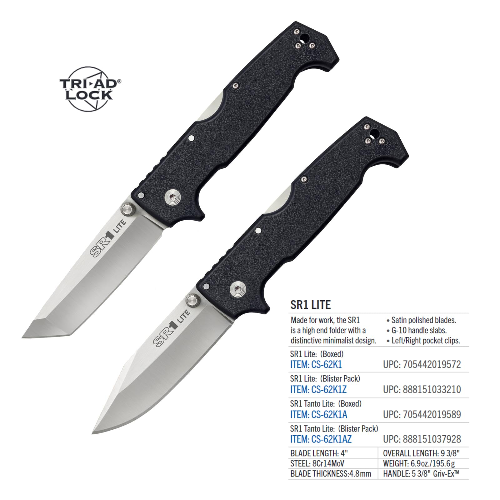 Cold Steel SR1 Lite 8Cr14MoV Steel 4" Clip Point Blade Griv-Ex Handle Folding Knife with Tri-Ad Locking Mechanism, Boxed