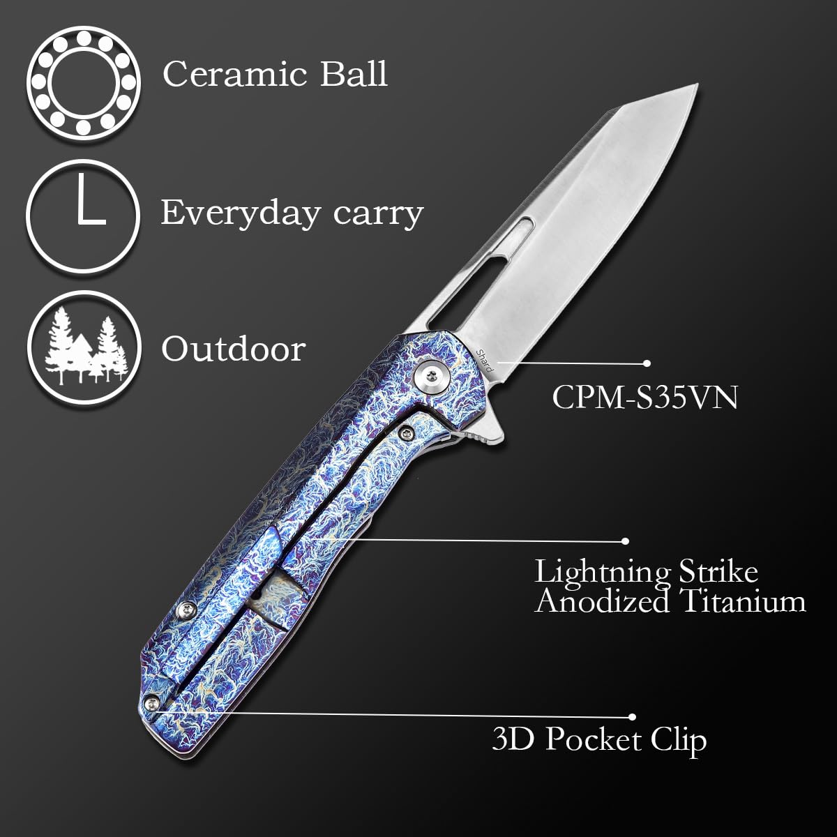 KANSEPT Shard Premium Pocket Folding Knives for Men EDC Pocket Knife 3.48'' Satin CPM-S35VN Material Excellent Folding Knife with Lightning Strike Anodized Titanium Handle EDC K1006A16