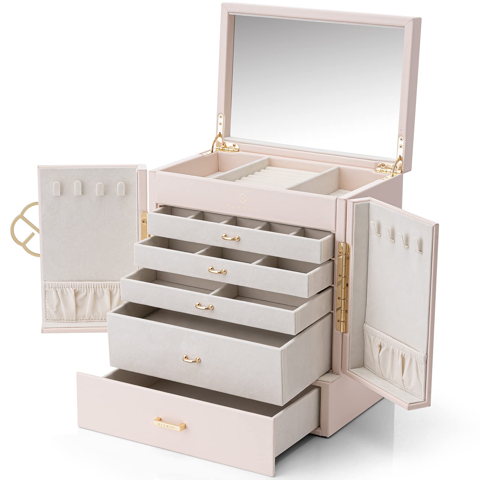 Vlando Large Jewelry Organizer Box for Women,Faux Leather Jewelry Storage with 5 Drawn,Watch Necklace Rings Earrings Case for Mothers Day Gift for Mom Wife Women（Apricot White）