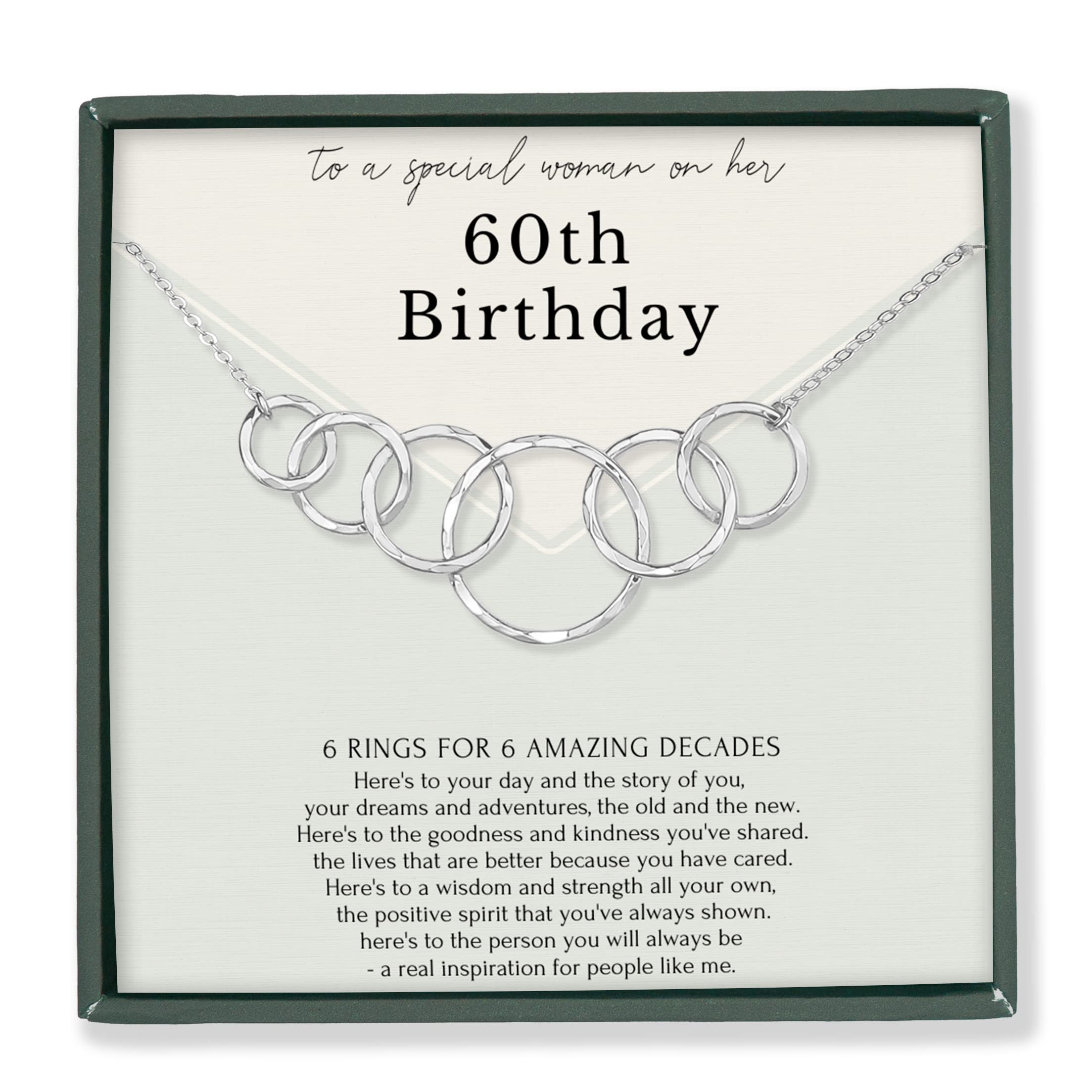 HOPE LOVE SHINE 60th Birthday Gift for Women, Mom, Wife, Sister - 60th Birthday Necklace, Jewelry 17+2", Sterling Silver, 6 Interlocking Rings