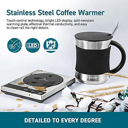 COSORI Coffee Mug Warmer & Mug Set, Beverage Cup Warmer for Desk Home Office Use, Coffee gifts, Electric 24 Watt, Touch Tech & LCD Digital Display, 304 Stainless Steel, 17 oz, Mug lid