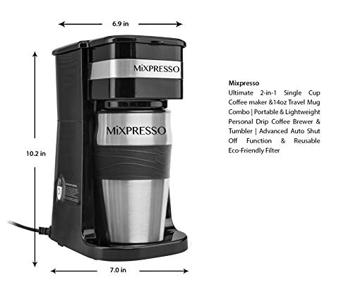 Mixpresso 2-In-1 Single Cup Coffee Maker & 14oz Travel Mug Combo | Portable & Lightweight Personal Drip Coffee Brewer & Tumbler Advanced Auto Shut Off Function & Reusable Eco-Friendly Filter