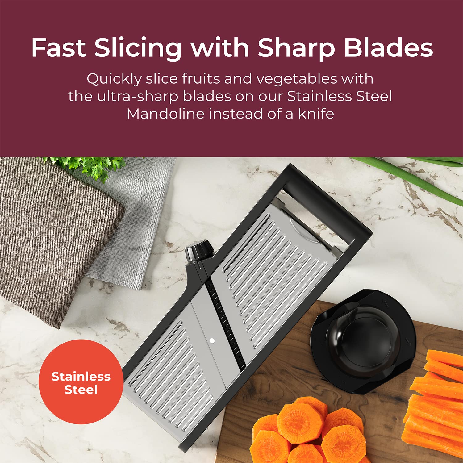MuellerLiving Mandoline Slicer for Kitchen, Stainless Steel, Slice or Julienne, Vegetable Chopper, Fruit Slicer