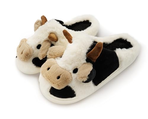 Cow Slippers for Women, Men Cute Animal Fuzzy Slippers, Cotton Plush Winter Indoor Outdoor Soft Cozy Slides for Bedroom Living Room House Pink