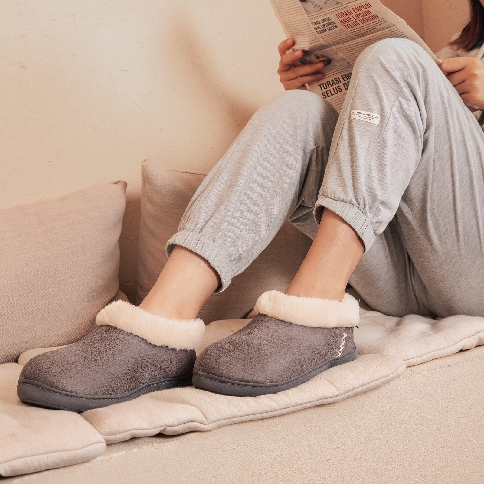 EverFoams Women's Micro Suede Cozy Memory Foam Winter Slippers with Fuzzy Faux Fur Collar and Indoor Outdoor Rubber Sole (Gray, Size 11-12 M US)