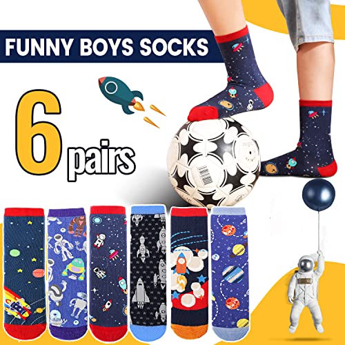 Anlisim Boys Kids Socks Fun Crazy Novelty Funny Crew Cotton Teenage Boy Children Socks 6 Pairs Gift Stocking Stuffers(Rocket,9-14Y)