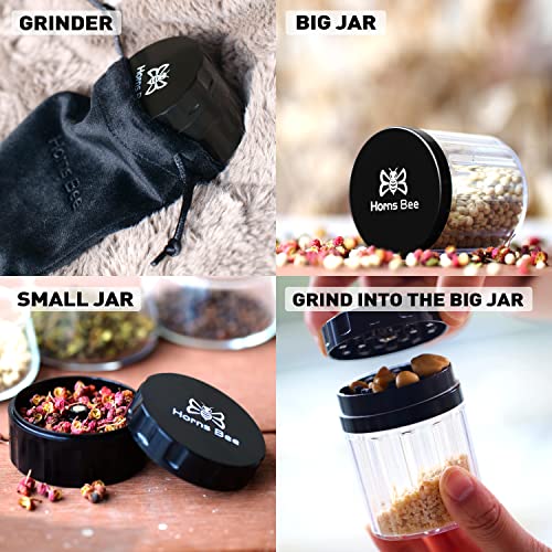 Horns Bee Herb Grinder Containers - Multipurpose Metal Spice Mill with Stash Jar, All-in-One Air Tight Sealable Containers, 2.2'' Sharpstone Grinder, with Accessories and Carrying Pouch