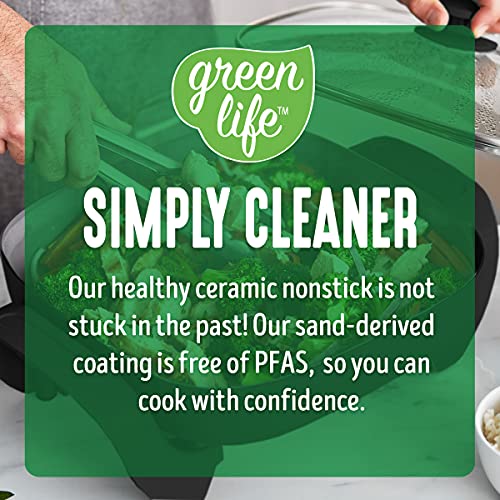 GreenLife Healthy Ceramic Nonstick, 12" 5QT Square Electric Skillet with Glass Lid, Dishwasher Safe, Adjustable Temperature Control, PFAS-Free, Black