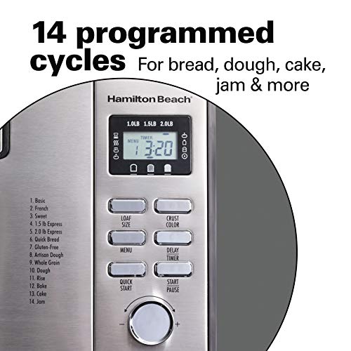 Hamilton Beach Premium Dough & Bread Maker Machine with Auto Fruit and Nut Dispenser, 2 lb. Loaf Capacity, Stainless Steel (29888)