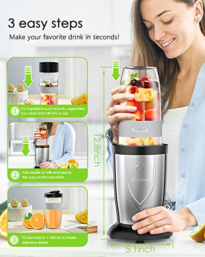 Blender, Upgrade Bullet Blender for Shakes and Smoothies,850 Watt 12 PCS Airpher Portable Blender Set for Kitchen with Milk Frother, 6-Edge Blade, Blade Grinder, 2*24 Oz & 10 Oz To-Go Cup, BPA Free