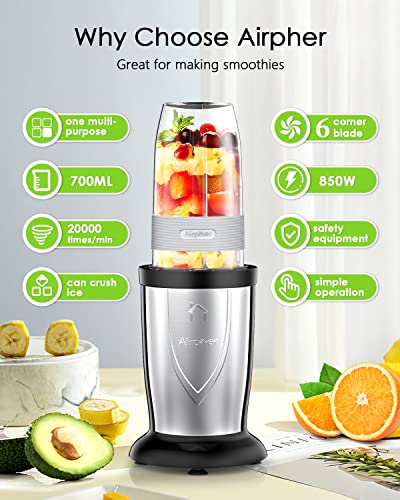Blender, Upgrade Bullet Blender for Shakes and Smoothies,850 Watt 12 PCS Airpher Portable Blender Set for Kitchen with Milk Frother, 6-Edge Blade, Blade Grinder, 2*24 Oz & 10 Oz To-Go Cup, BPA Free