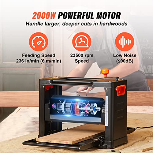 VEVOR Thickness Planer, Two Speed, 13" Width Worktable Benchtop Planer, Three-Blade, 15-Amp 2000W Powerful Motor, 12" Extended Infeeding Table, Low Noise for both hard & soft wood material removal