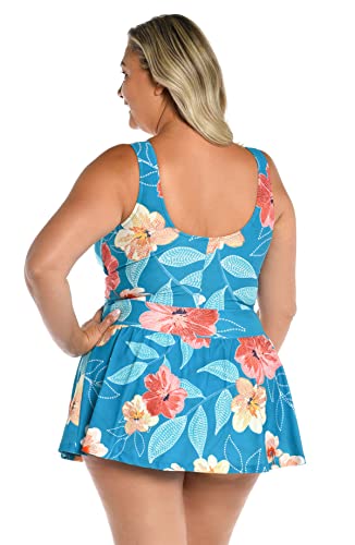 Maxine Of Hollywood Women's V-Neck Swim Dress One Piece Swimsuit, Emerald//Crafted Botanical, 18W